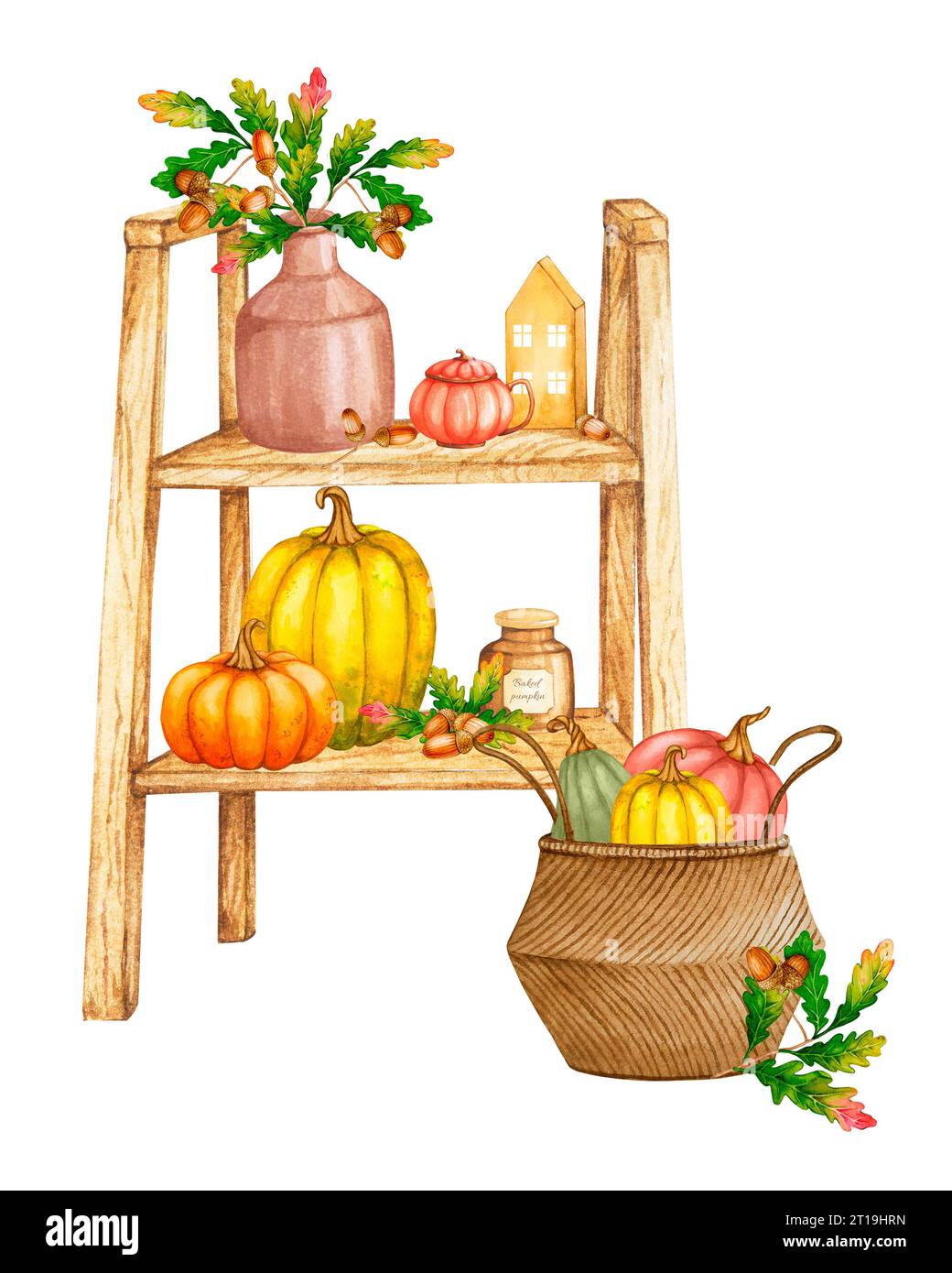 Wooden rack with pumpkins, acorns and home decor. Cozy home, autumn ...