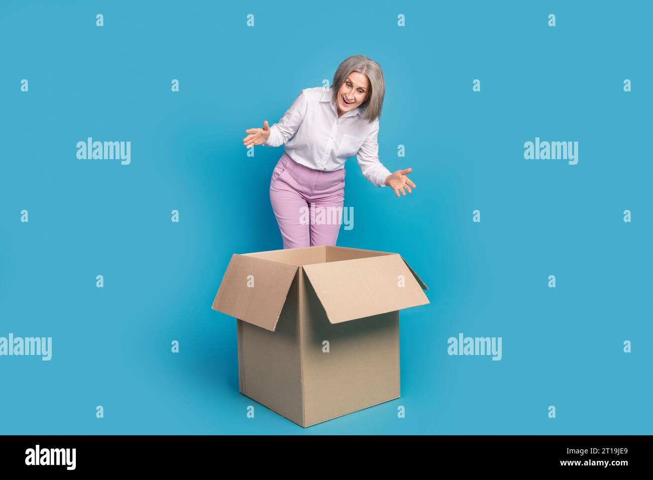 Full length photo of funky shocked lady wear white shirt open big ...