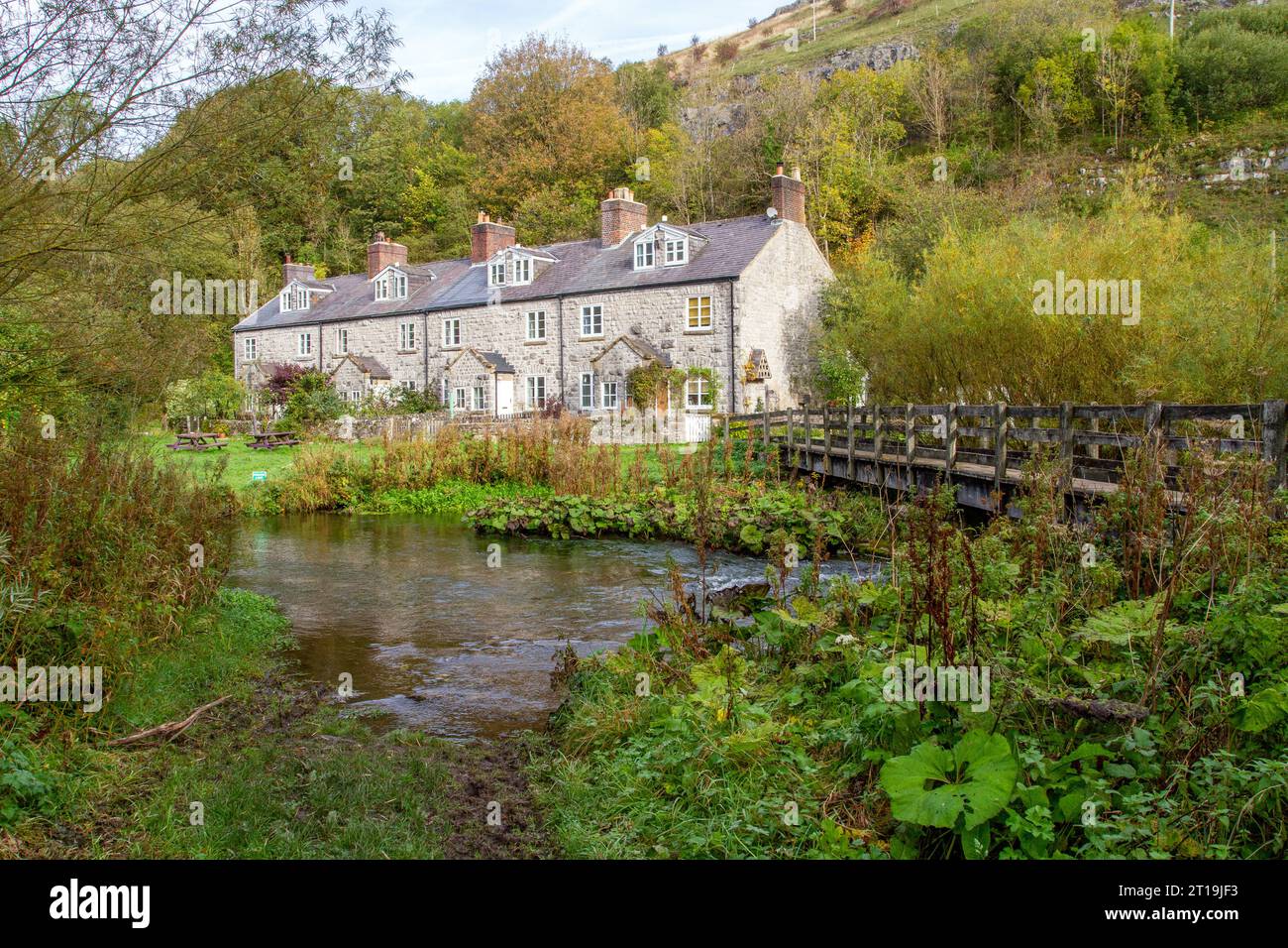 Former railway cottages on the river Wye at Blackwell Mill in Monsall ...