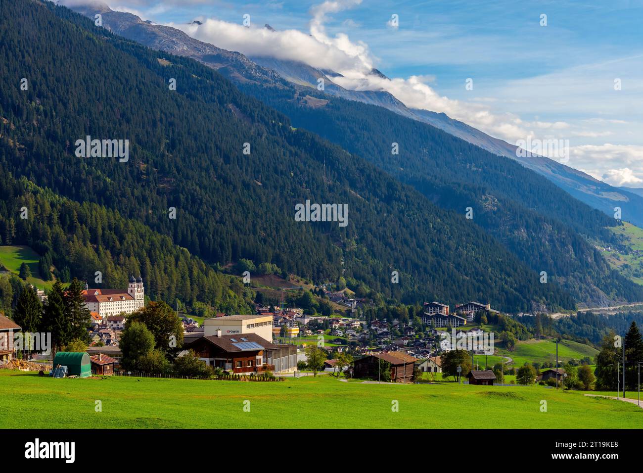 Panoramic view of Alps and Disentis Muster village, canton of ...