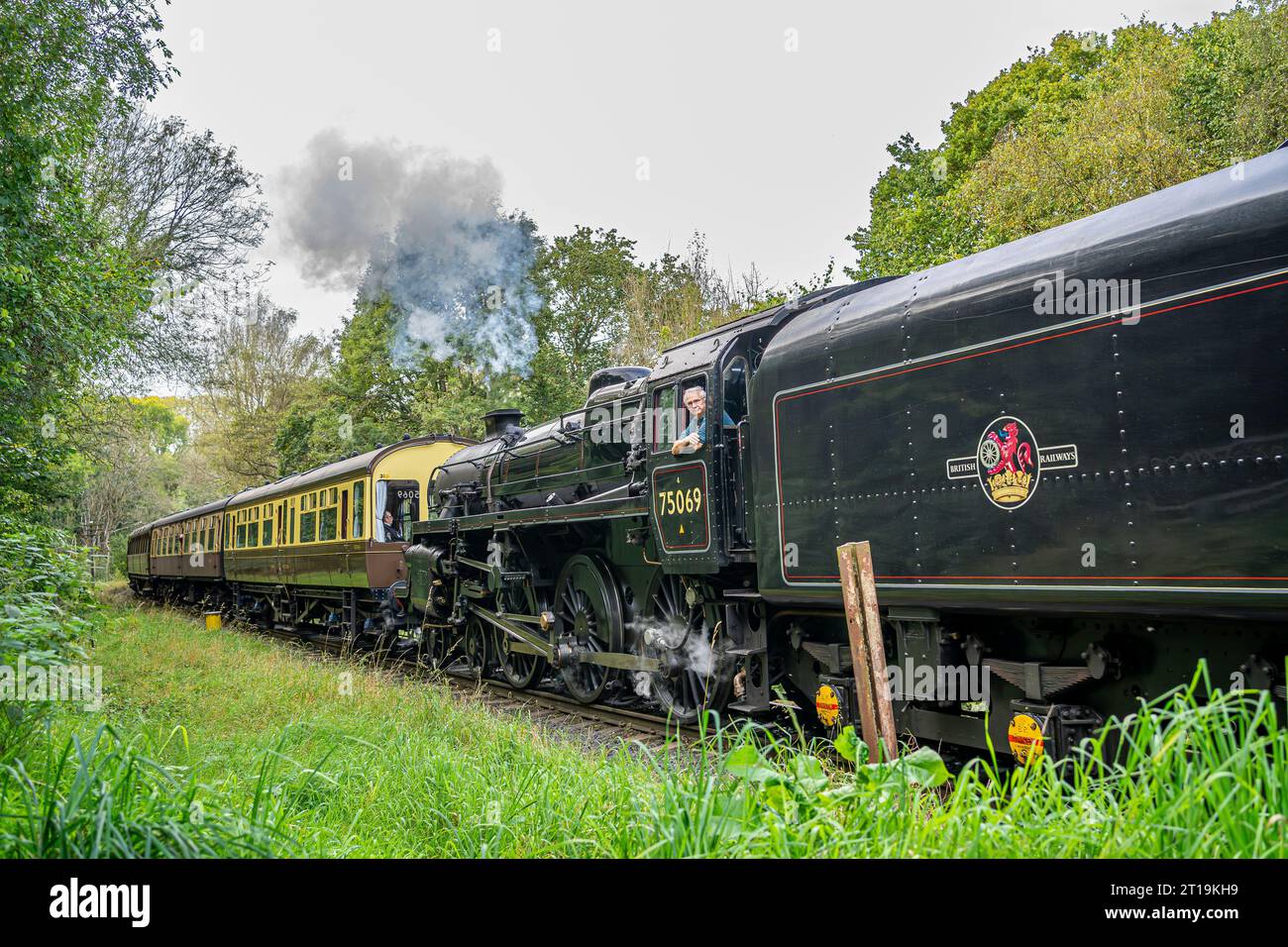 Steam locomotive 75069 travelling on the Severn Valley Heritage Railway ...