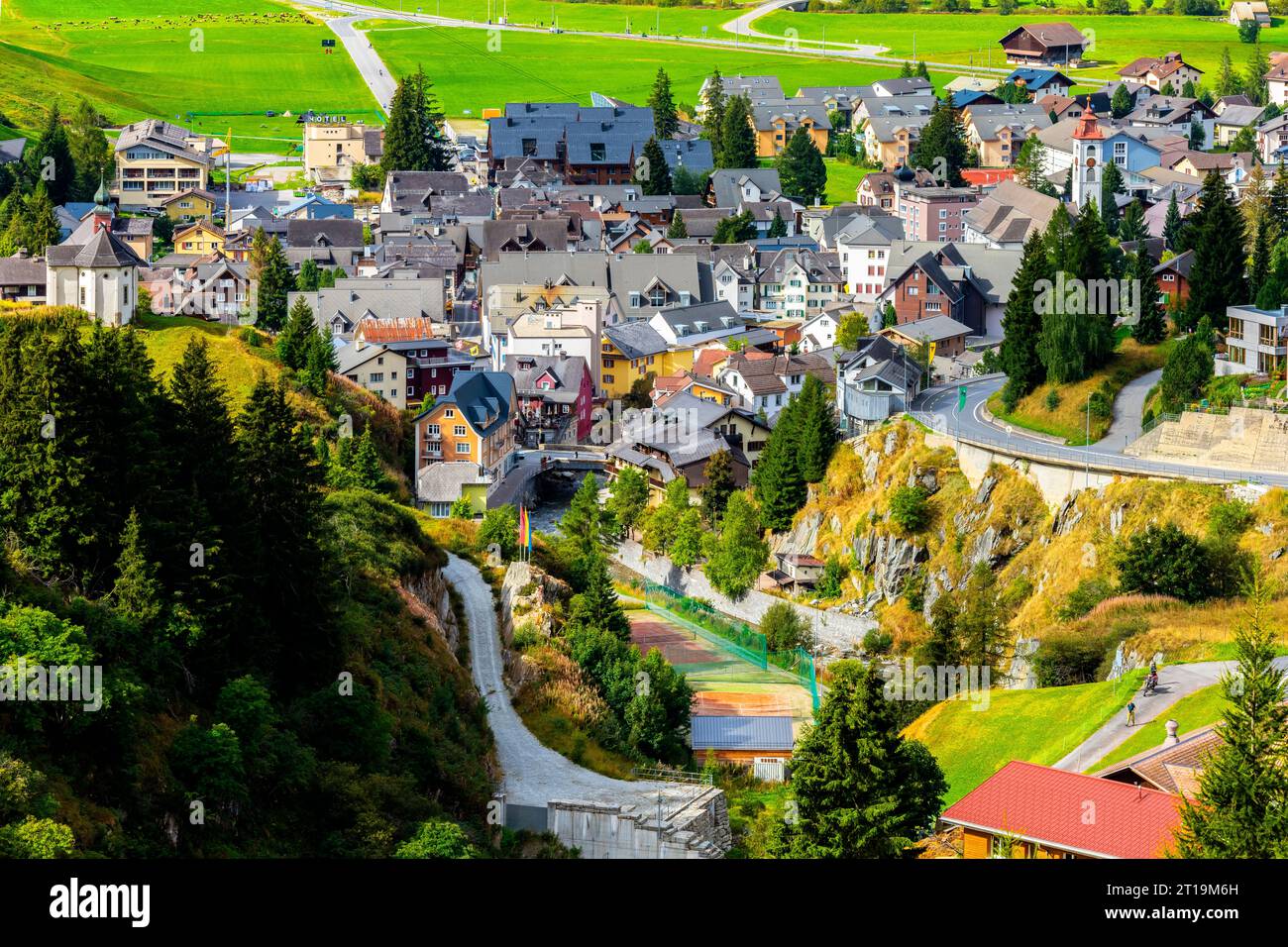 Elevated view of Andermatt town, the capital of the Urserental, canton ...