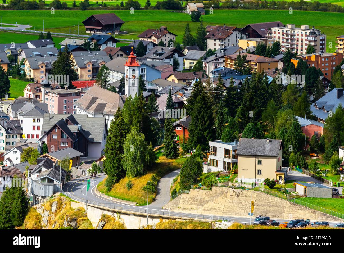 Elevated view of Andermatt town, the capital of the Urserental, canton ...