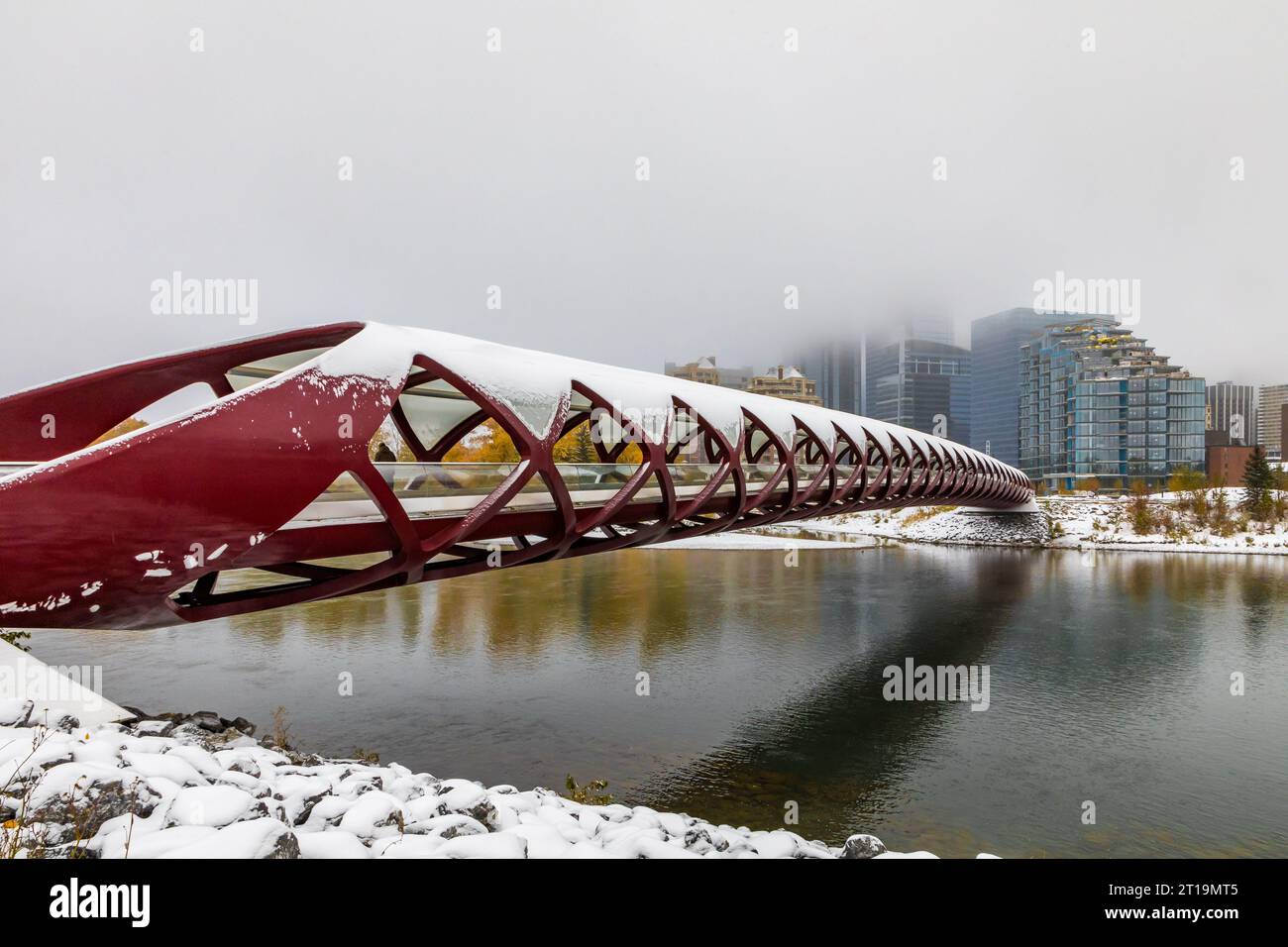 Calgary Peace Bridge, winter fog covering the buildings in the ...