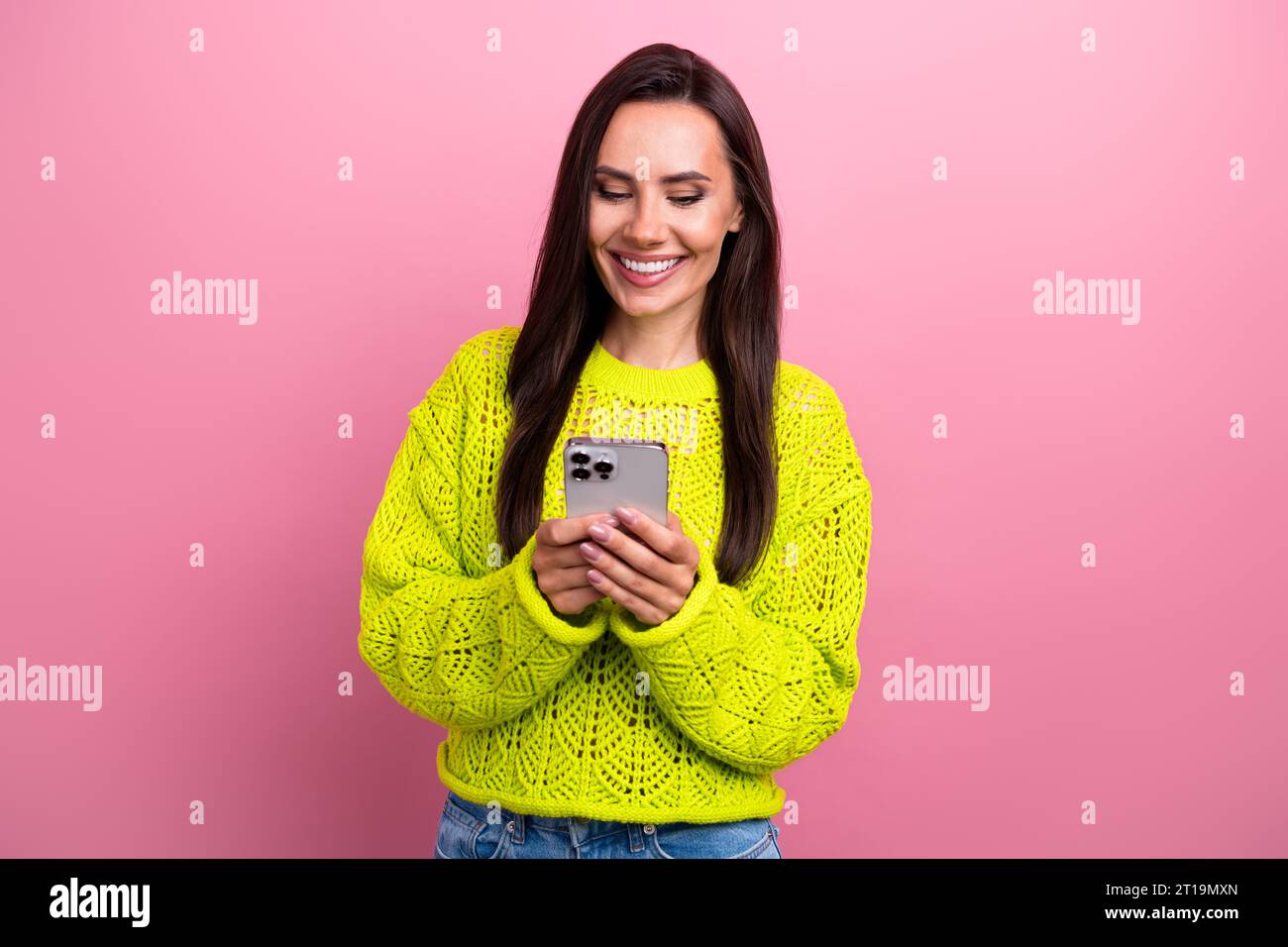 Photo of sweet shiny girl dressed yellow sweater communicating modern ...