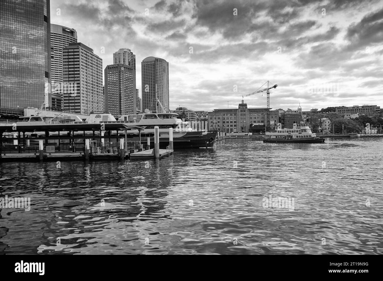 Black And White Photo Of The Circular Quay Ferry Wharf At Dawn. The ...