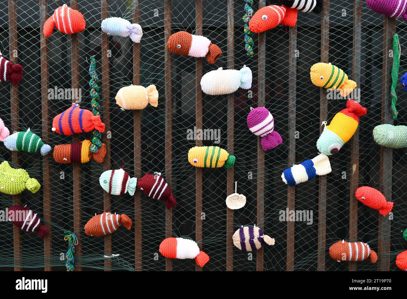 Funny knitted objects in the harbour of Arbroath, Scotland, display a ...