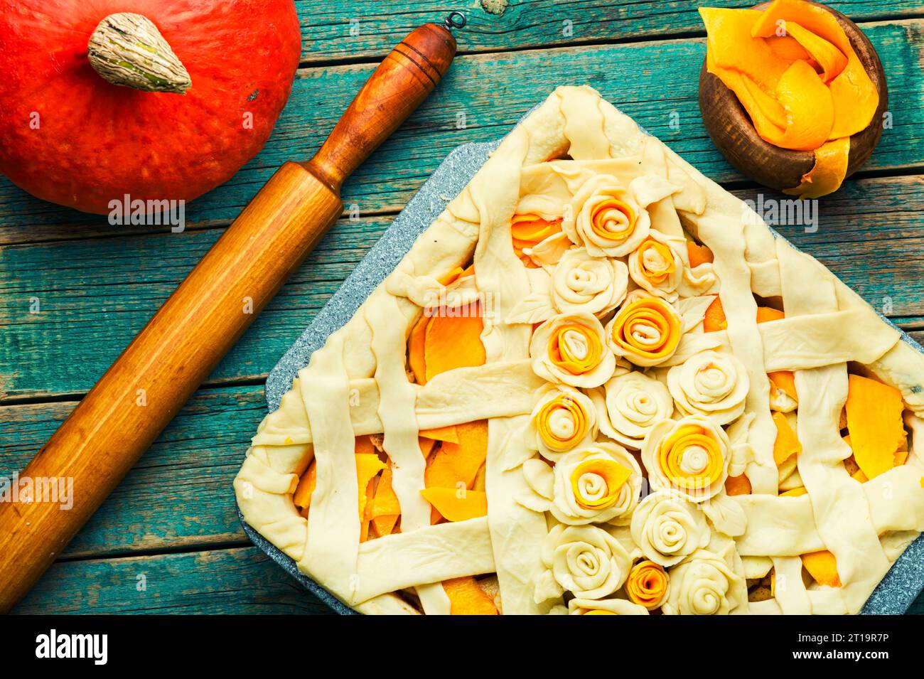 Making traditional pumpkin pie, raw pie.Rustic table Stock Photo - Alamy