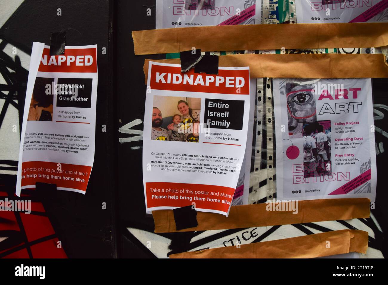 London, UK. 12th October 2023. Posters of Israelis kidnapped by Hamas ...