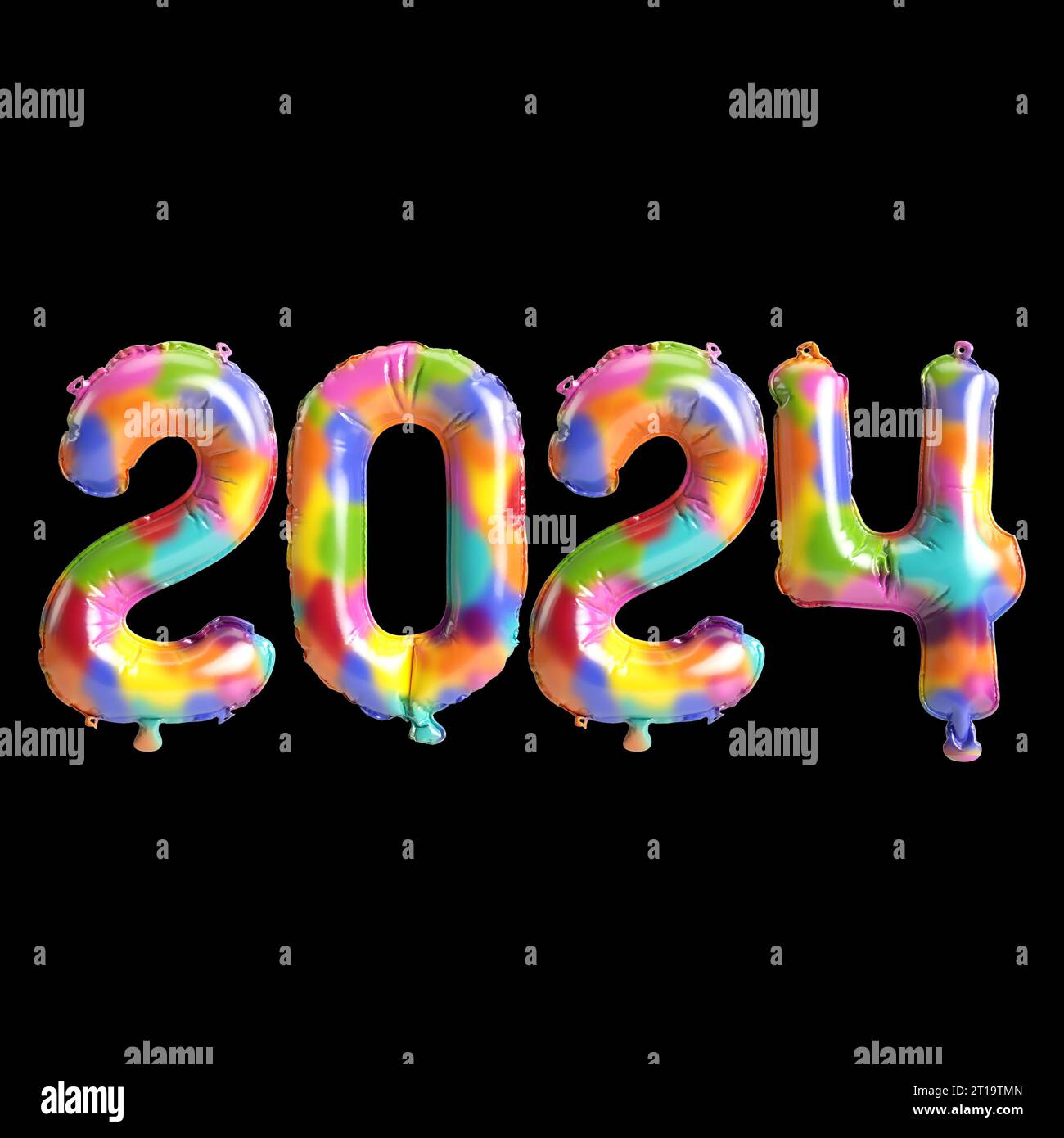 3d illustration of letter about new year 2024 with balloons on rainbow ...
