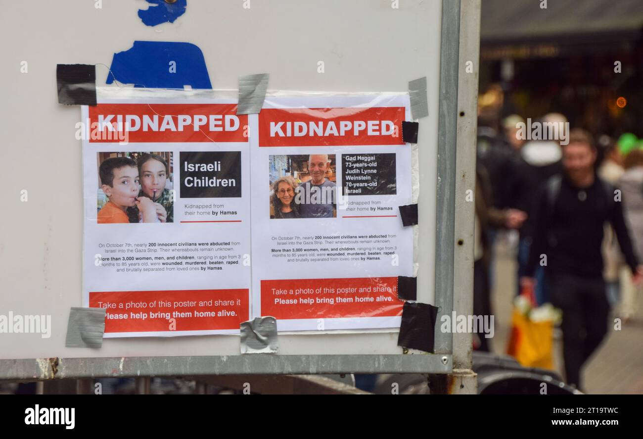 London, UK. 12th October 2023. Posters of Israelis kidnapped by Hamas ...