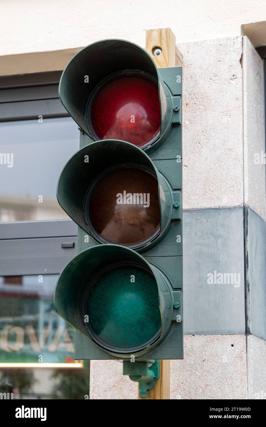 Traffic lights street city retro ancient vintage steel red orange and ...