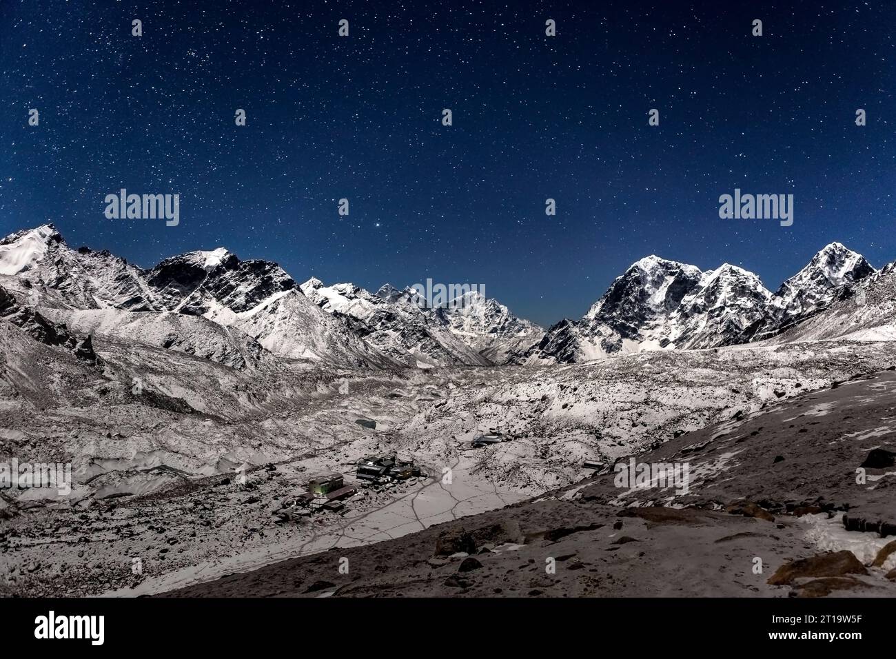 Panoramic view over Gorak Shep village on a starry night. Beautiful ...
