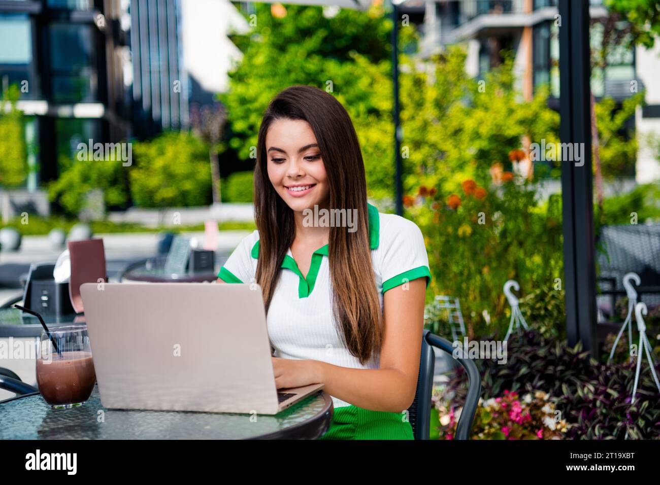 Photo Of Lovely Cute Cheerful Good Mood Girl Writing Sms Message Modern