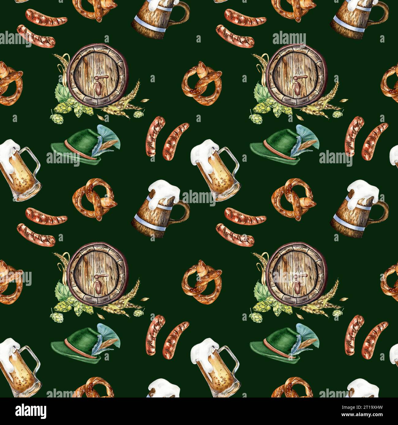 Wooden Beer Barrel And Mug German Hat Watercolor Seamless Pattern