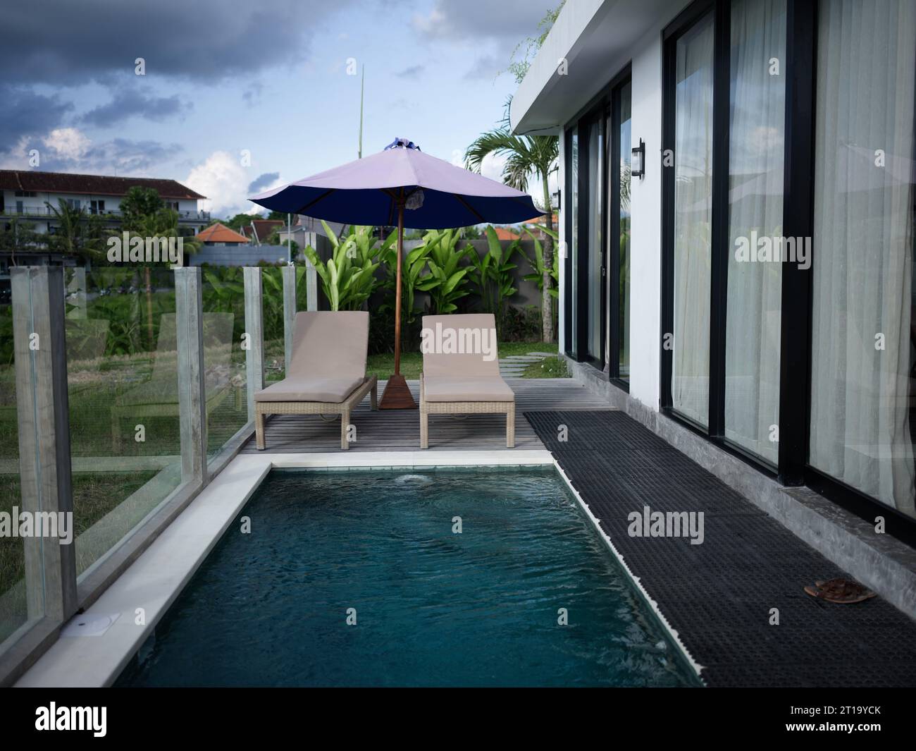 Modern villa in Bali with swimming pool and sunbeds overlooking the ...