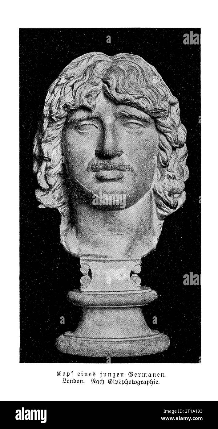 Portrait of Germanic man, carved head representing a Germanic young man ...