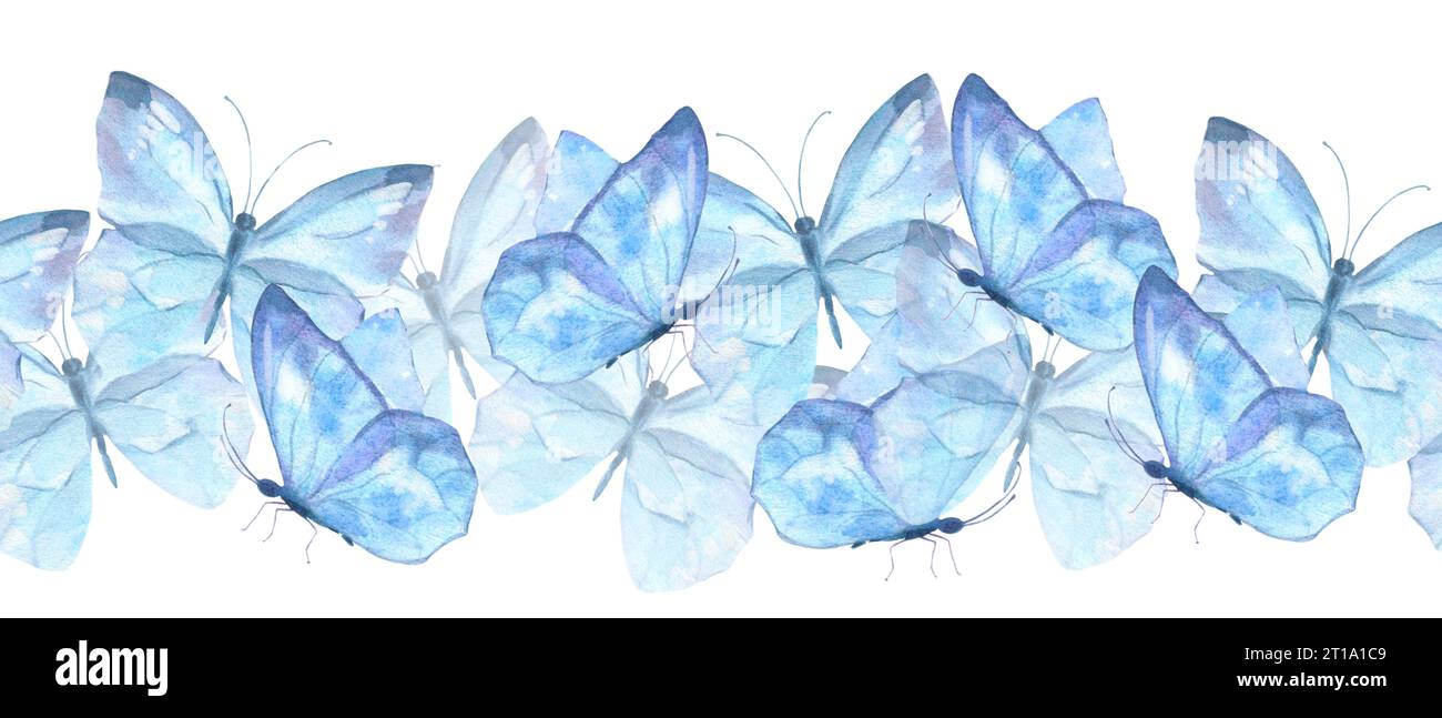 Seamless bordure with watercolor illustrated delicate blue butterflies ...