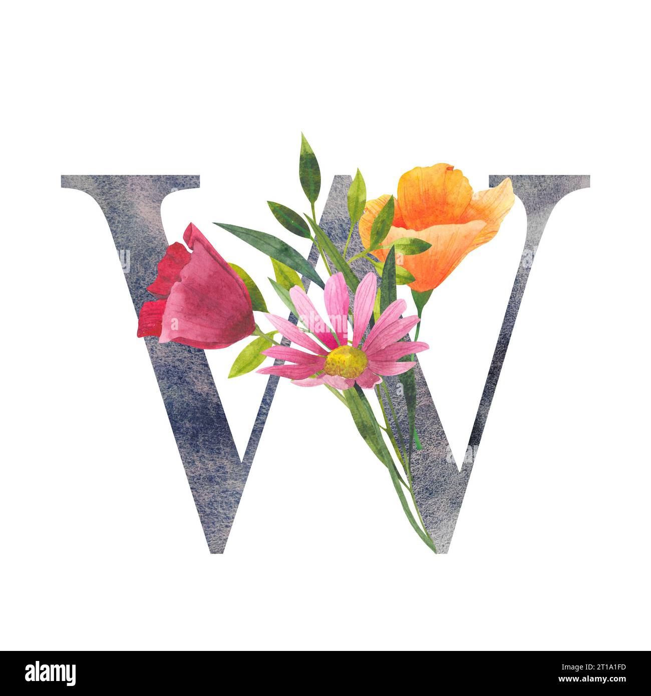 Letter W with watercolor wildflowers. Floral alphabet, isolated with ...