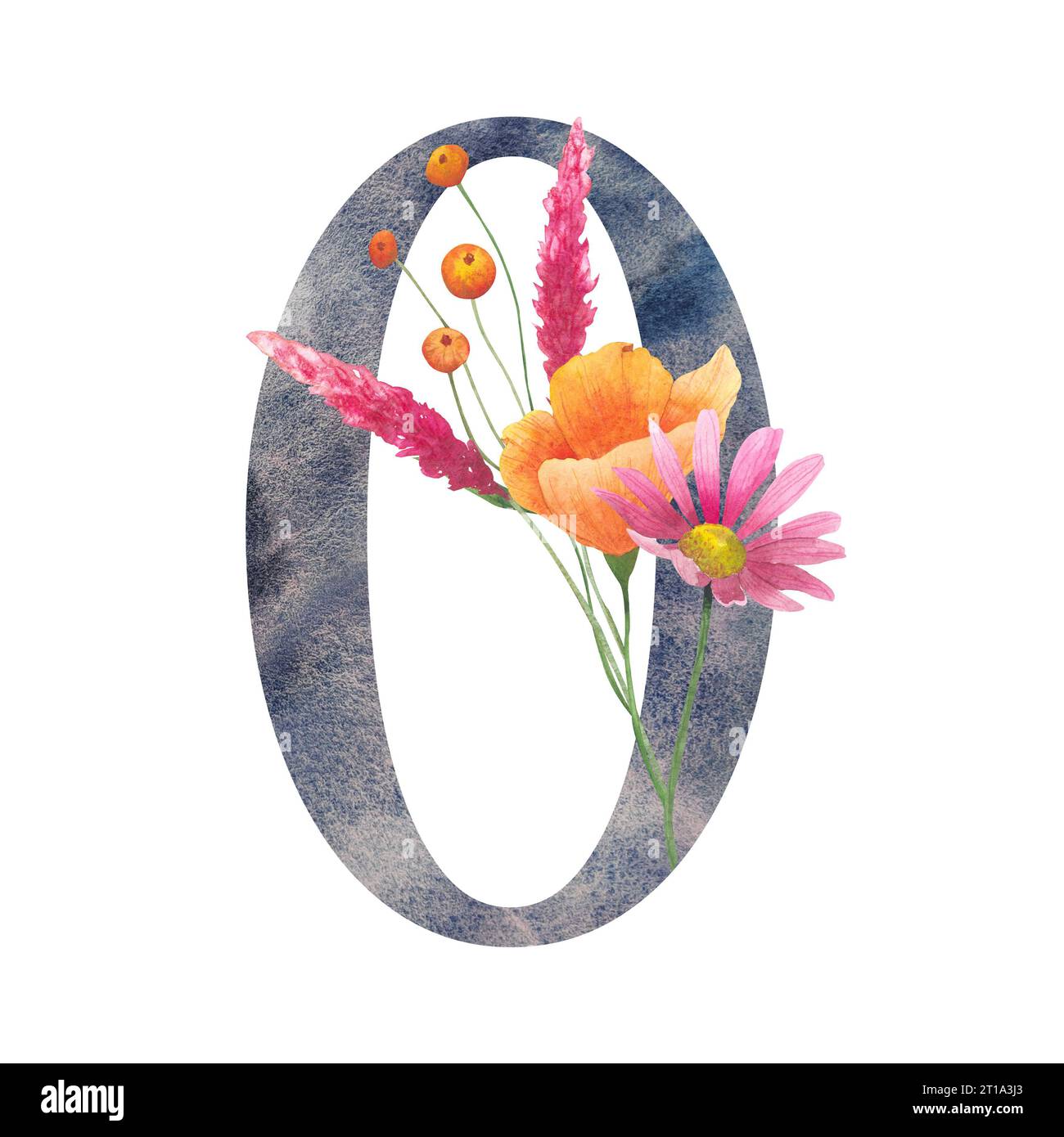 Floral Number 0. Watercolor element zero with botanical wildflowers ...