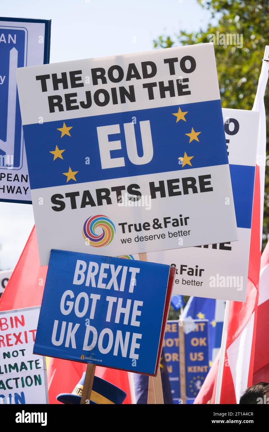 London, UK. 23rd September 2023. Pro-EU campaign protest signs and ...