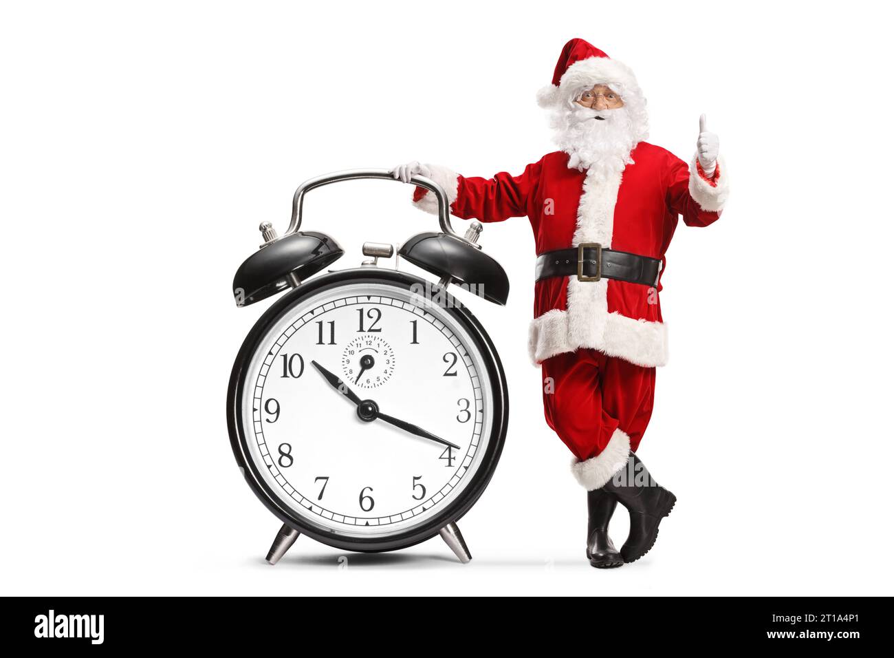 Santa claus leaning on a big alarm clock and gesturing thumbs up ...