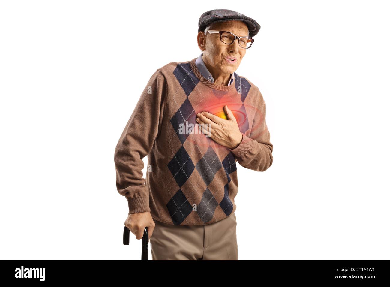 Elderly man having a heart attack symptoms isolated on white background ...