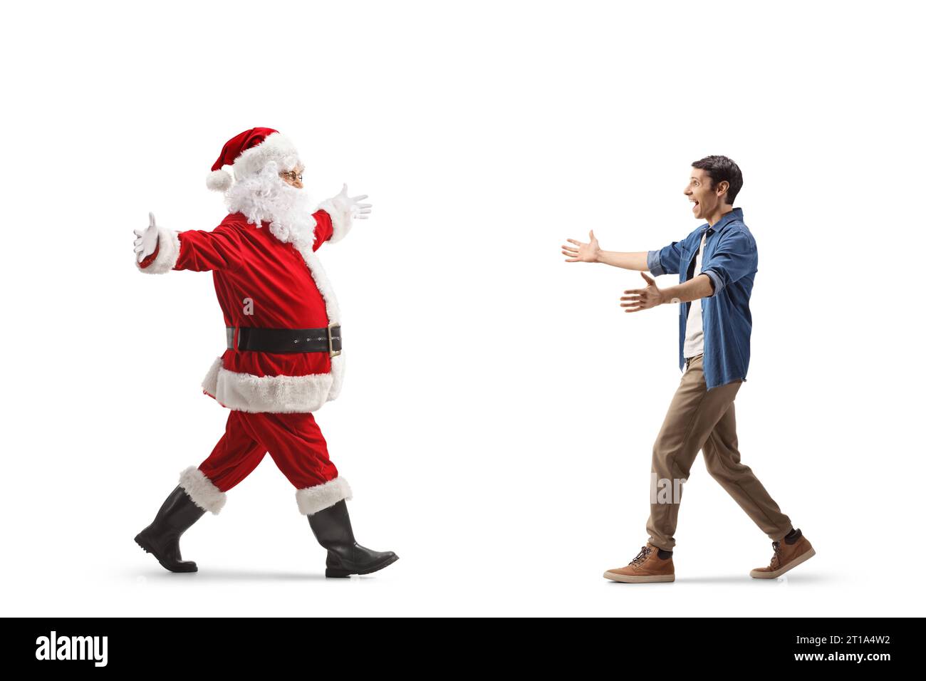 Full length profile shot of santa claus walking with arms wide open and ...