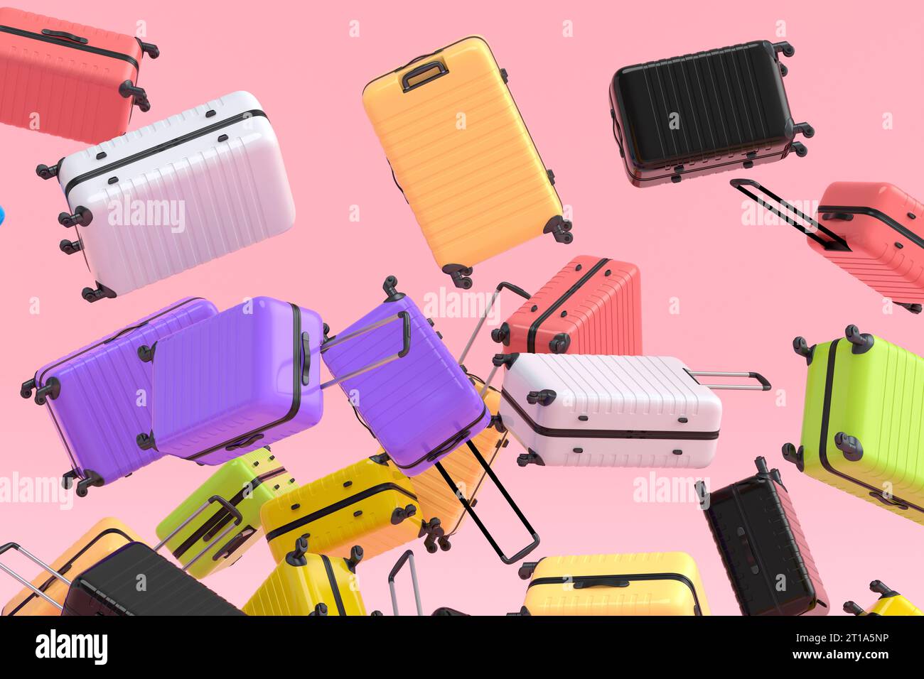 Many of flying suitcase or baggages isolated on pink background.. 3d ...