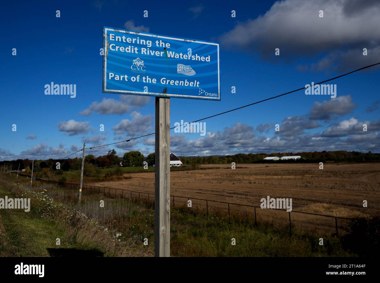 Caledon, Canada. 12th Oct, 2023. A Ontario Greenbelt sign is shown as ...
