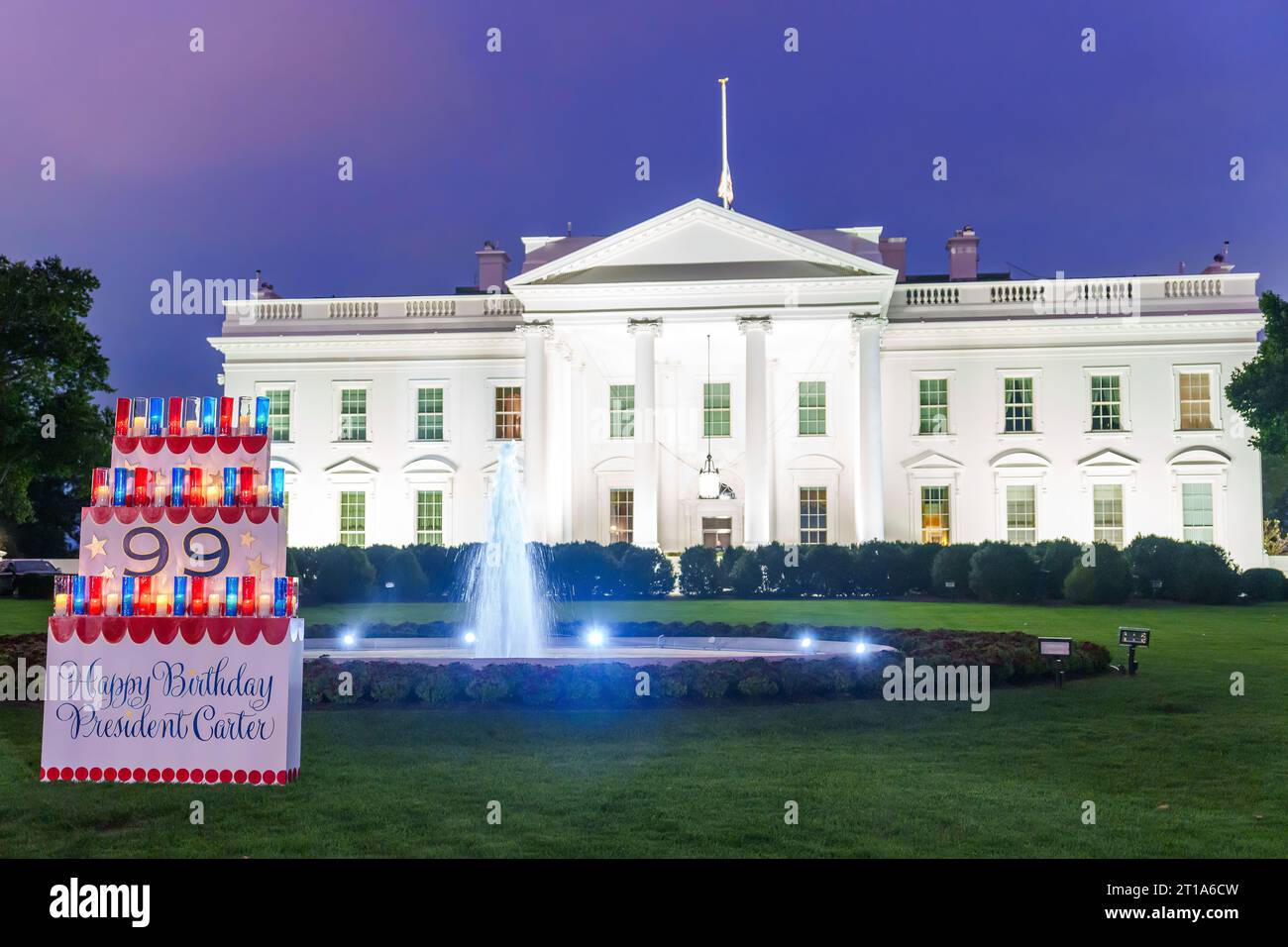 A birthday cake is installed on the North Lawn marking President Carter ...