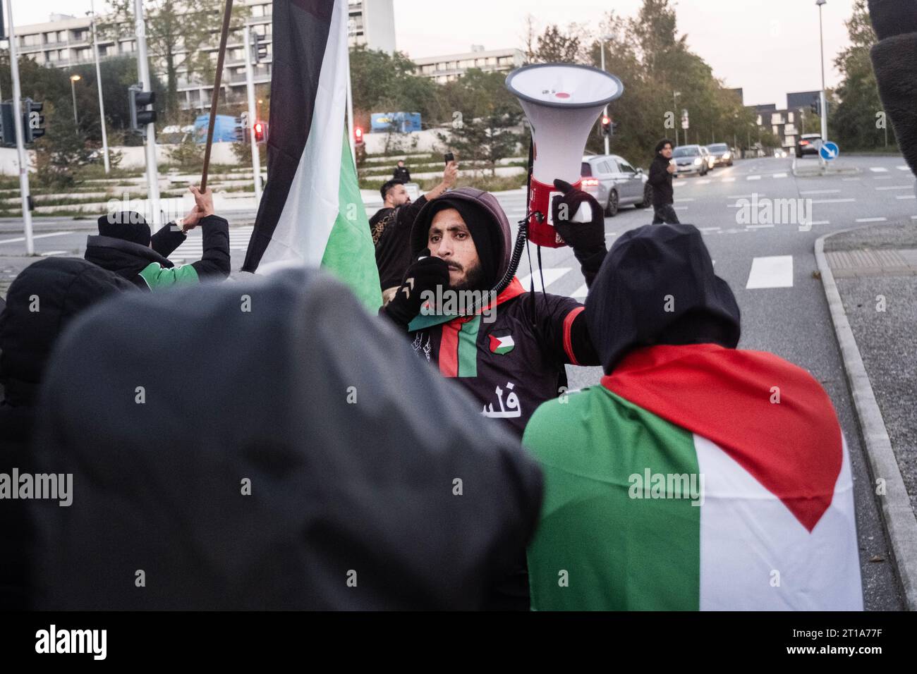 Aarhus, Denmark on October 12, 2023. Protestors participates in a ...