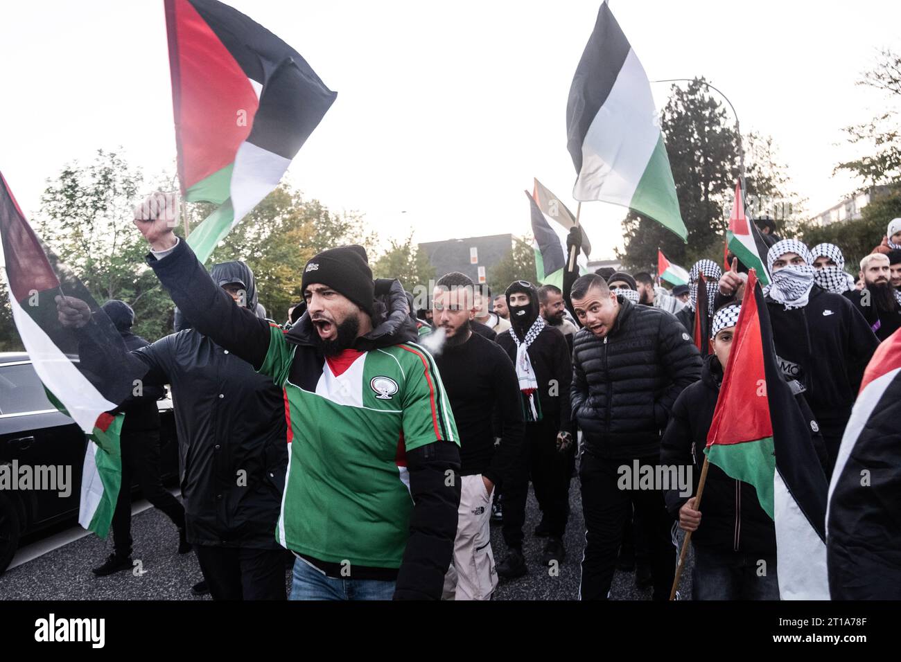 Aarhus, Denmark on October 12, 2023. Protestors participates in a ...