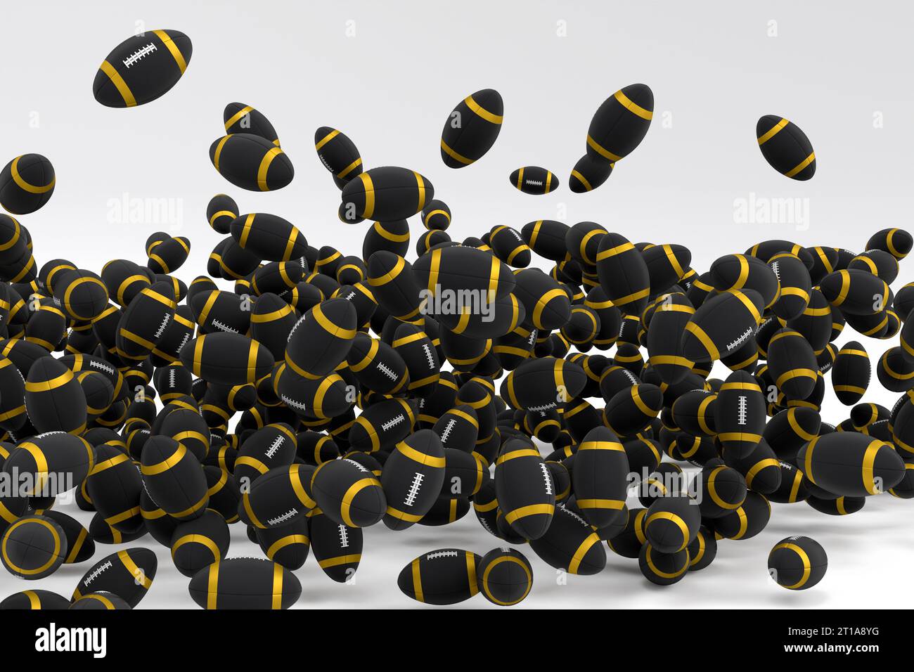 Many of flying black american football ball falling on white background ...