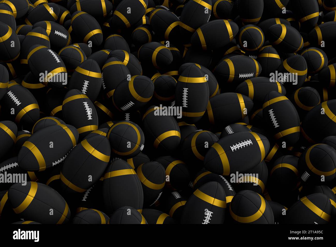 Many of flying black american football ball falling on white background ...