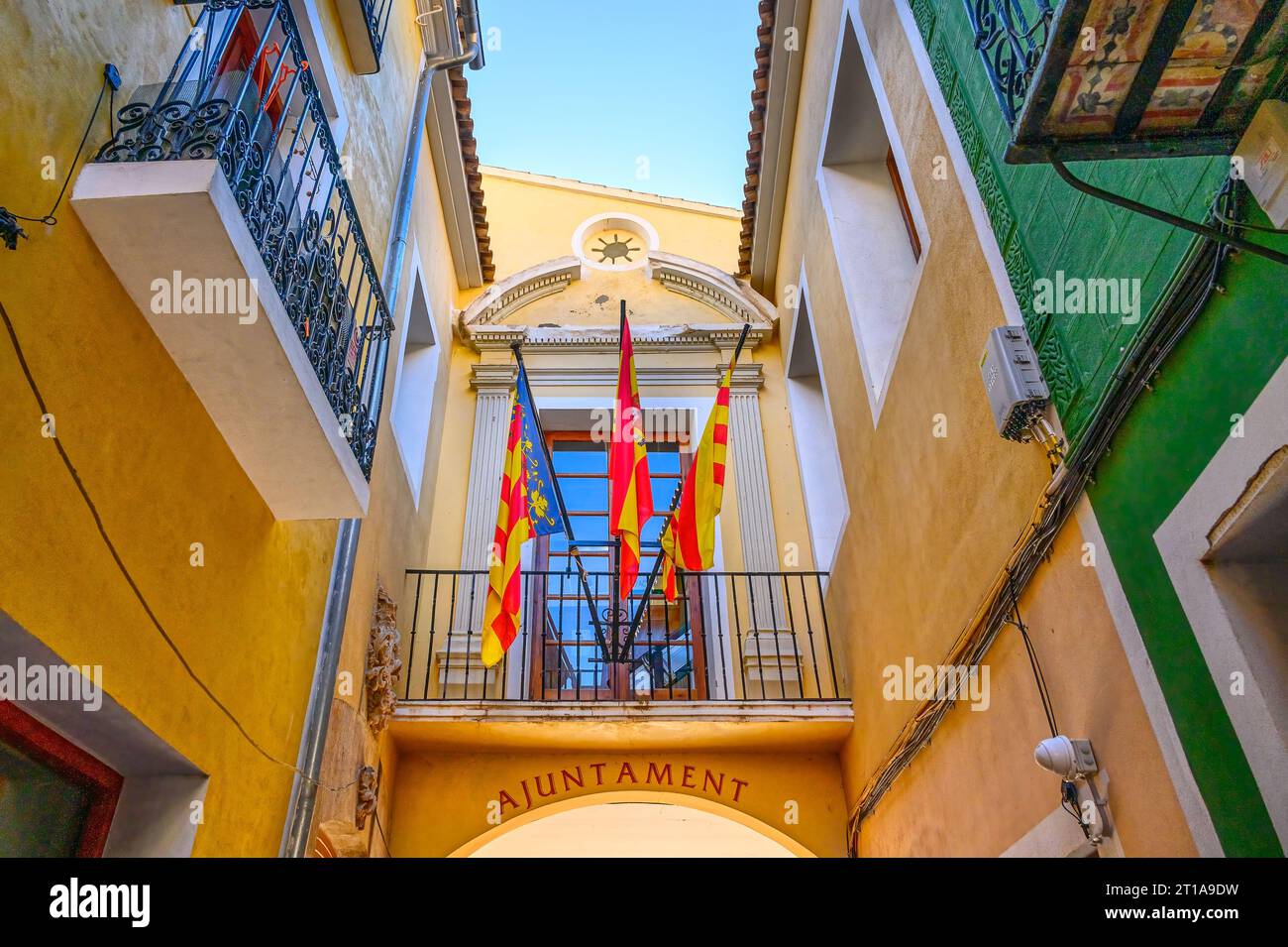 Ancient exterior wall of the city hall or town hall building. The ...
