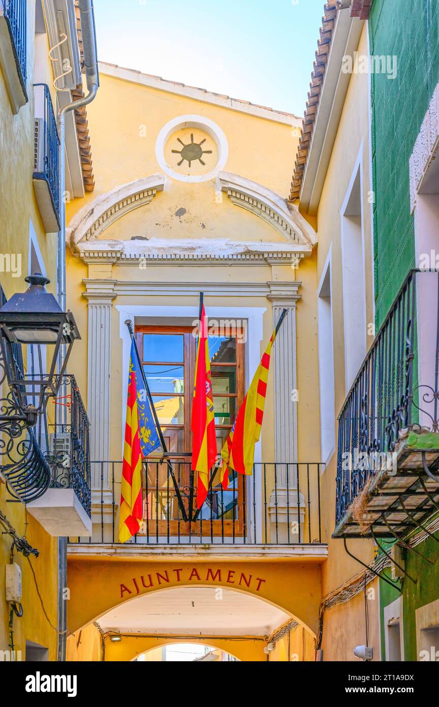 Ancient exterior wall of the city hall or town hall building. The ...