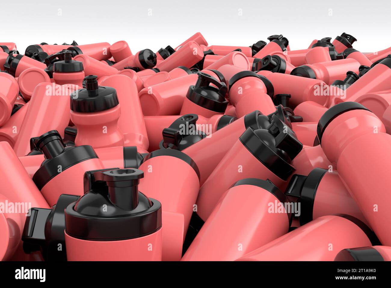 Pile of plastic sport shaker for protein drink powder on white ...