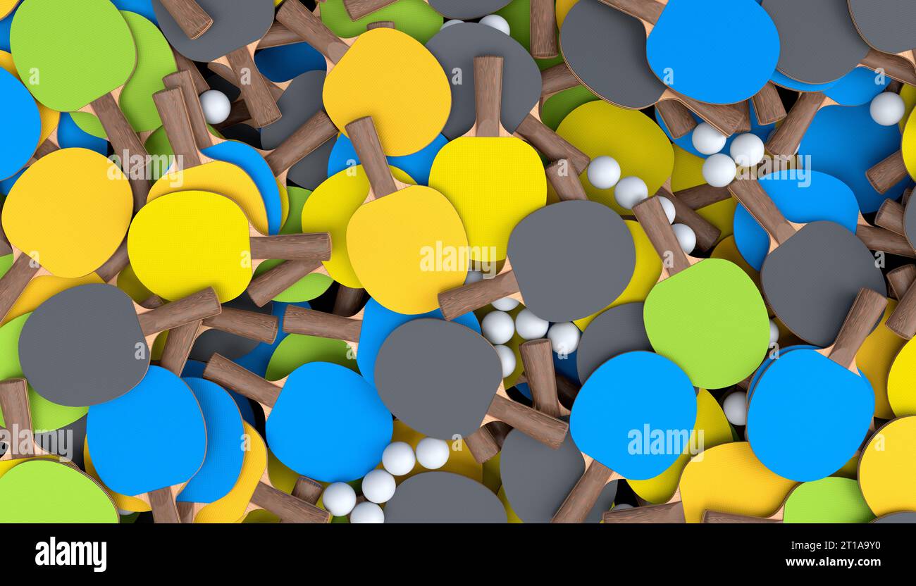 Pile of sport equipment like ping pong racket for table tennis on white ...