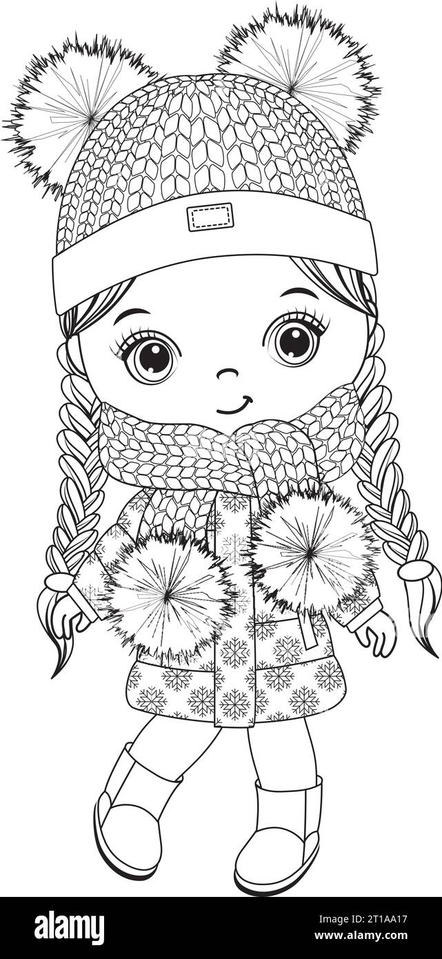 Vector Black and White Cute Little Girl in Winter Outfit for Colouring ...