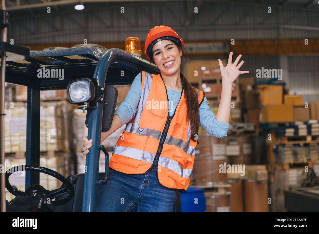 happy woman forklift staff worker work in warehouse logistics loading ...