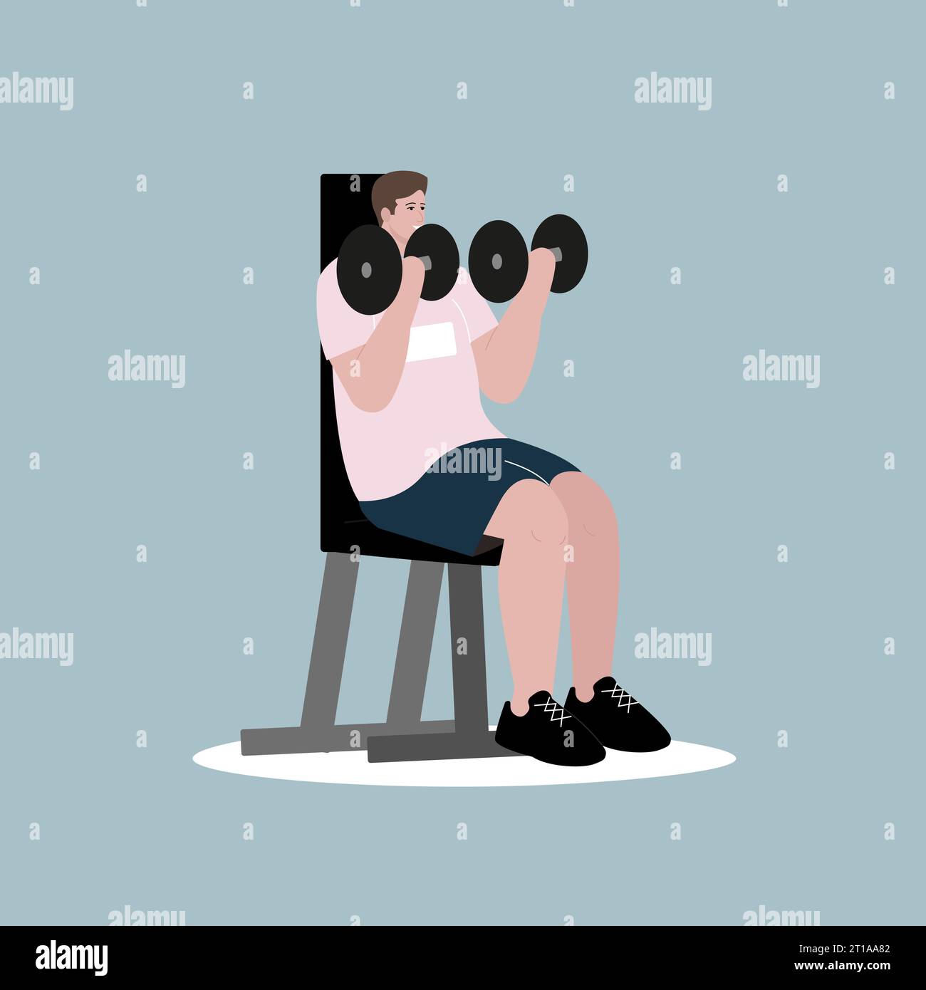 Young man exercising with weight equipment. Happy smiling guy sitting ...