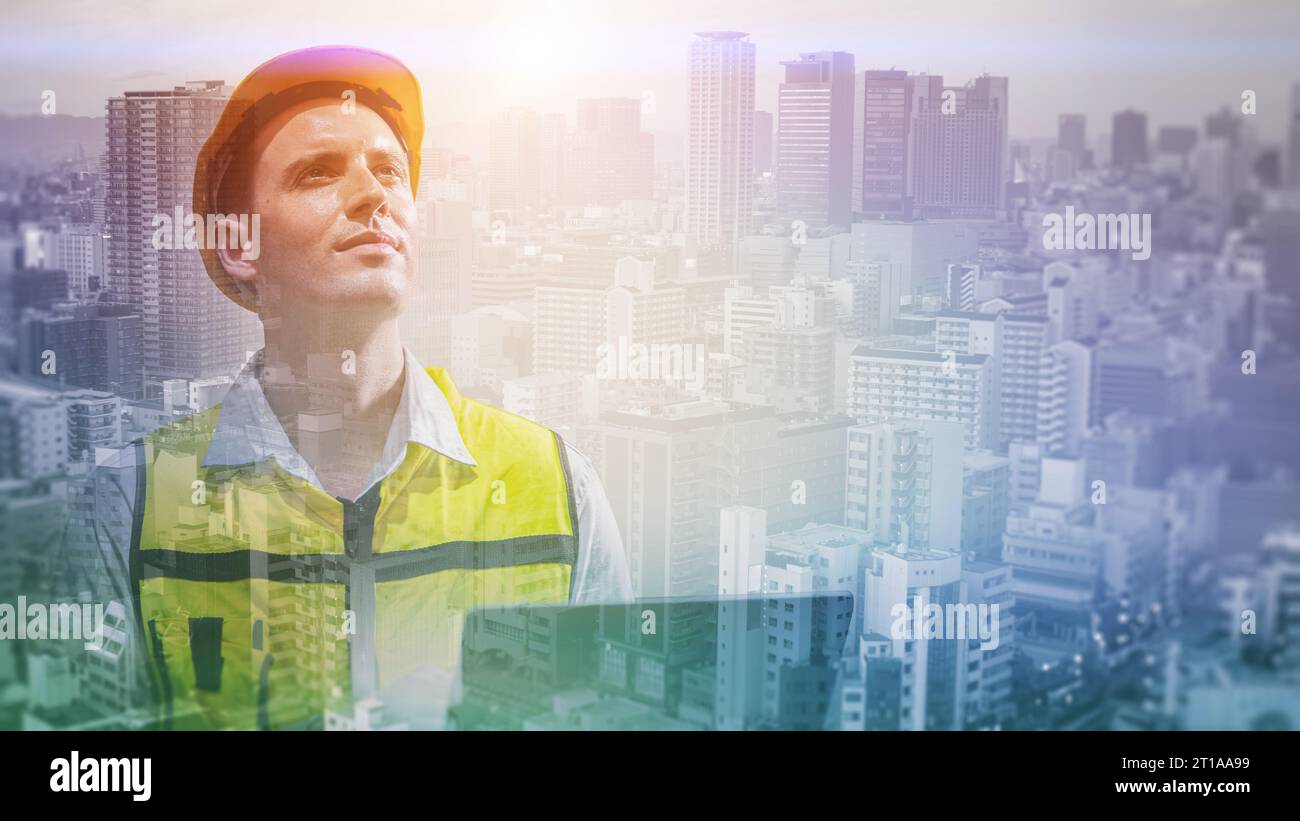 Civil engineer male overlay modern city metro for urban land estate ...