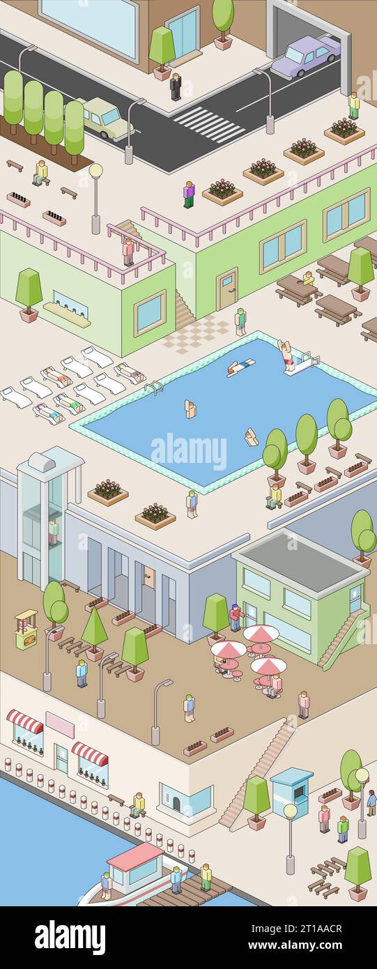 Vector isometric multilevel illustration of a resort town near on the ...