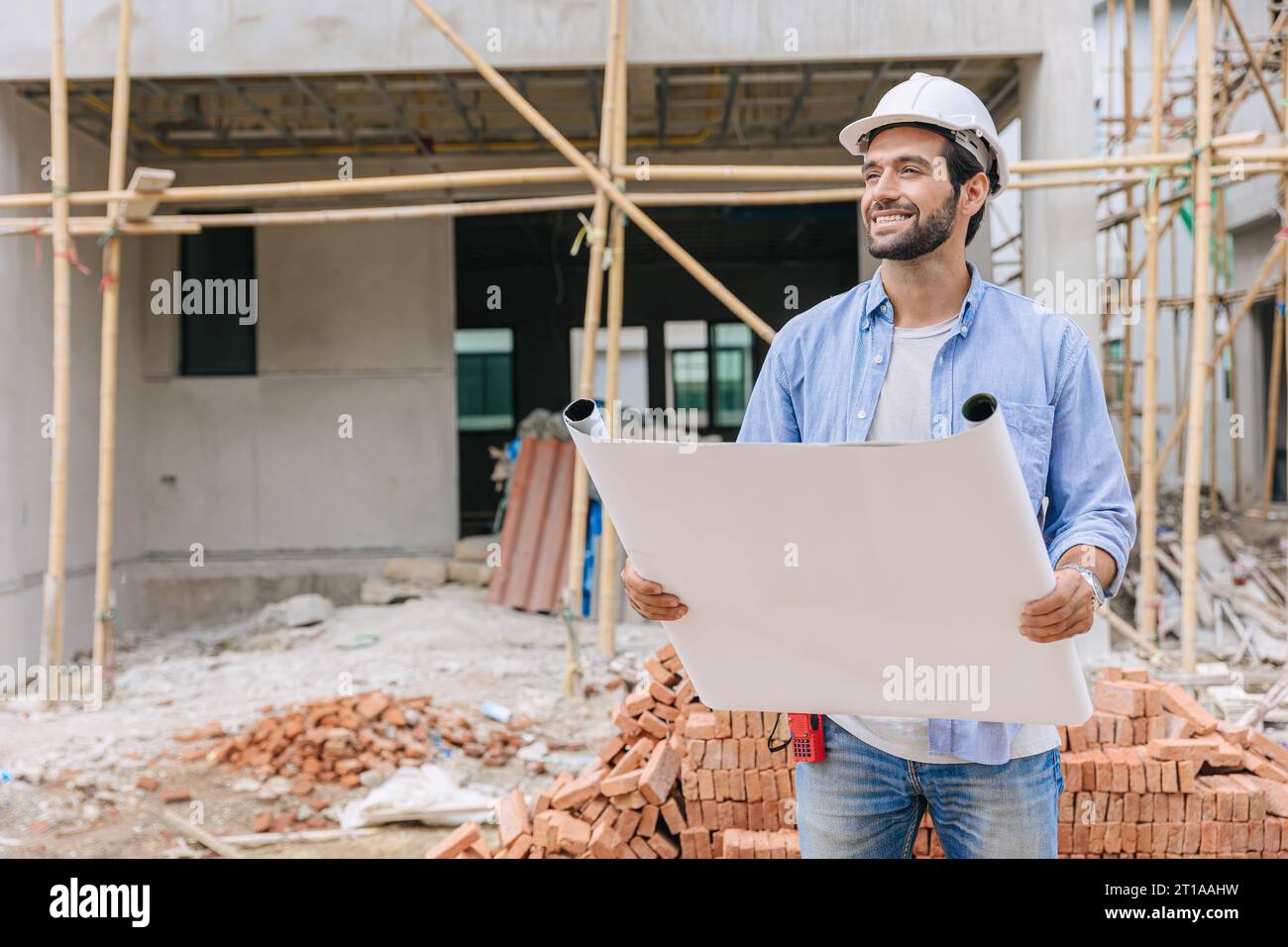 Construction engineer builder work in construction site. Architect home ...