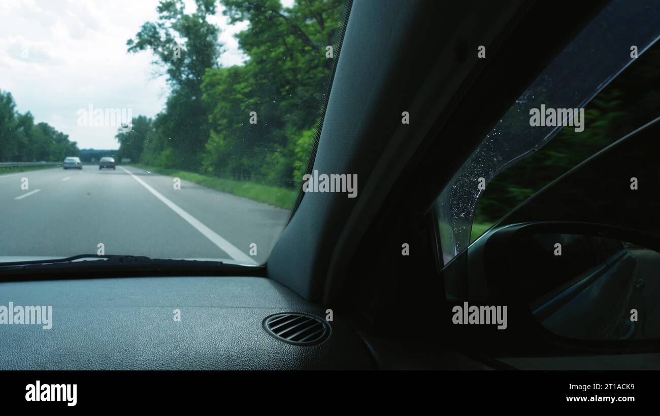 Travel concept. Landscape from a fast moving car. View from the car ...