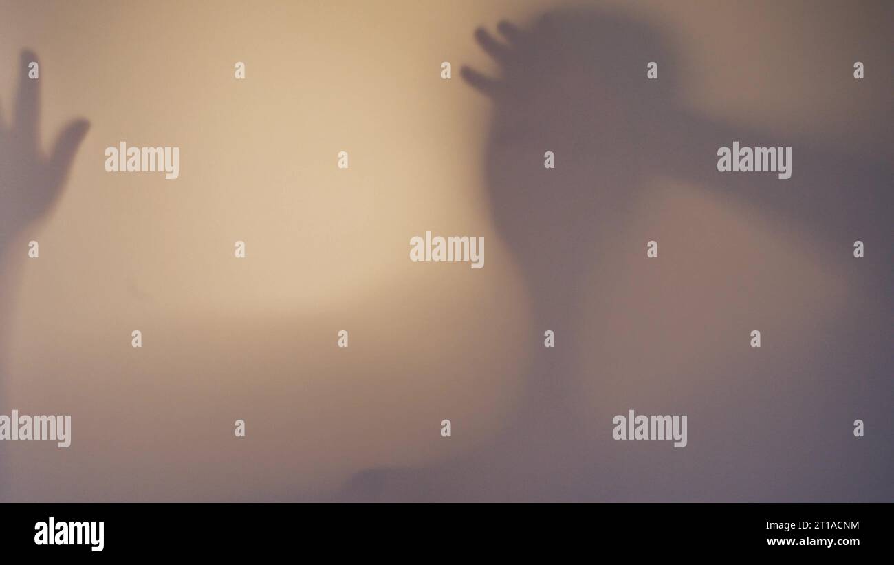 Shadow Blur of a horror man behind frosted glass. Blurred hand, body shape abstraction and one ...