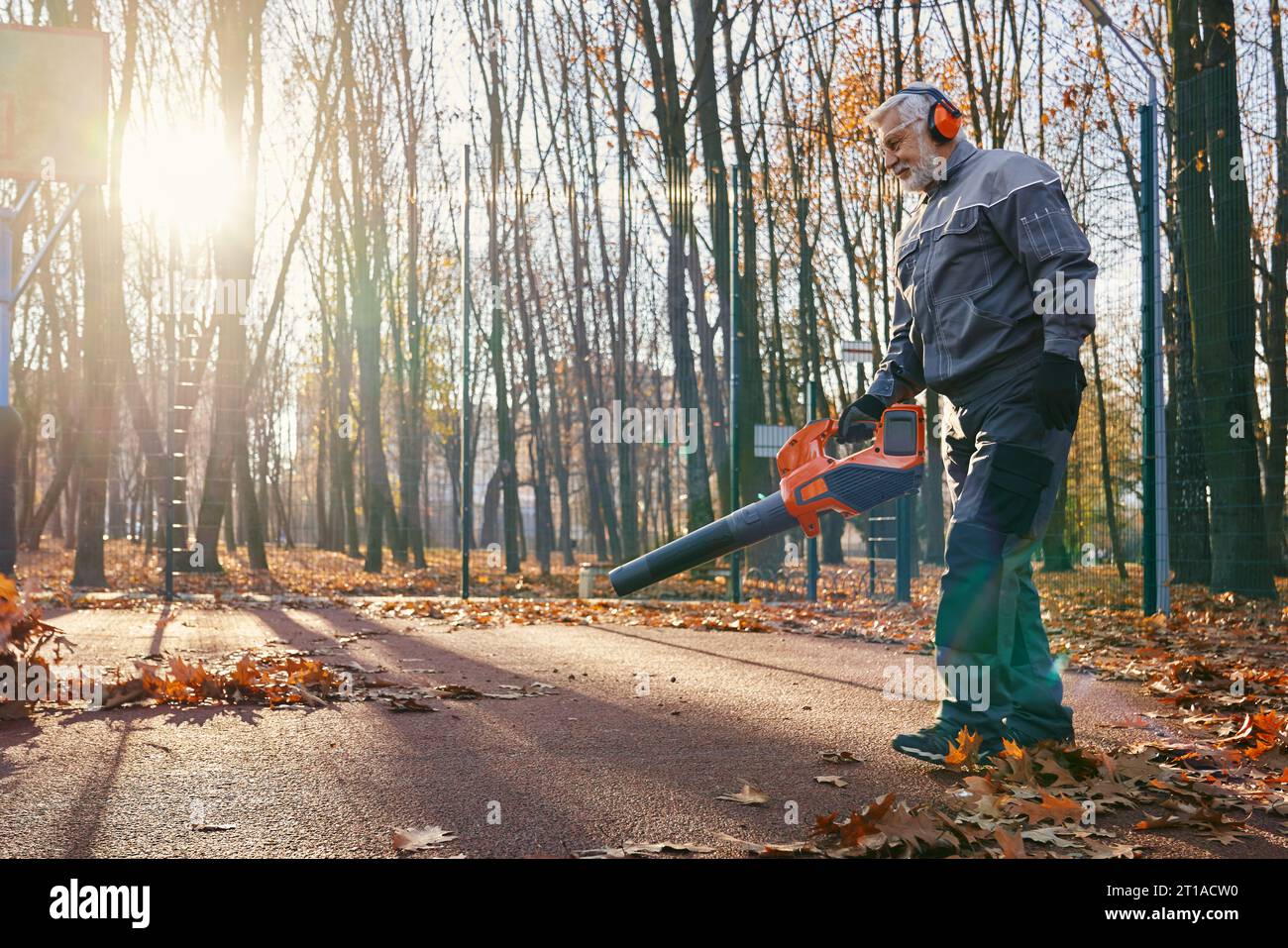 Professional maintenance worker in uniform cleaning city park from dry ...