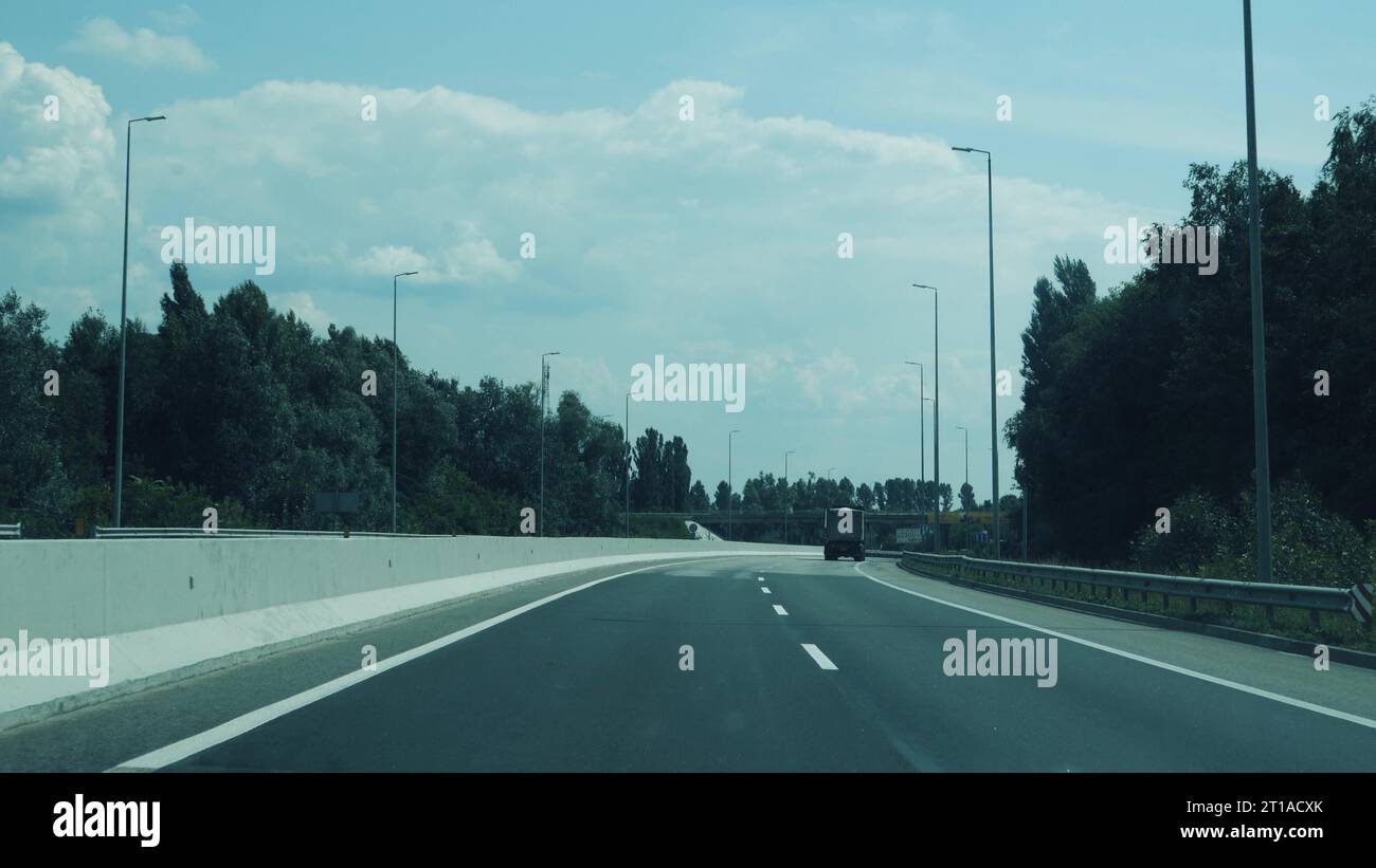 Travel concept. Landscape from a fast moving car. View from the car ...