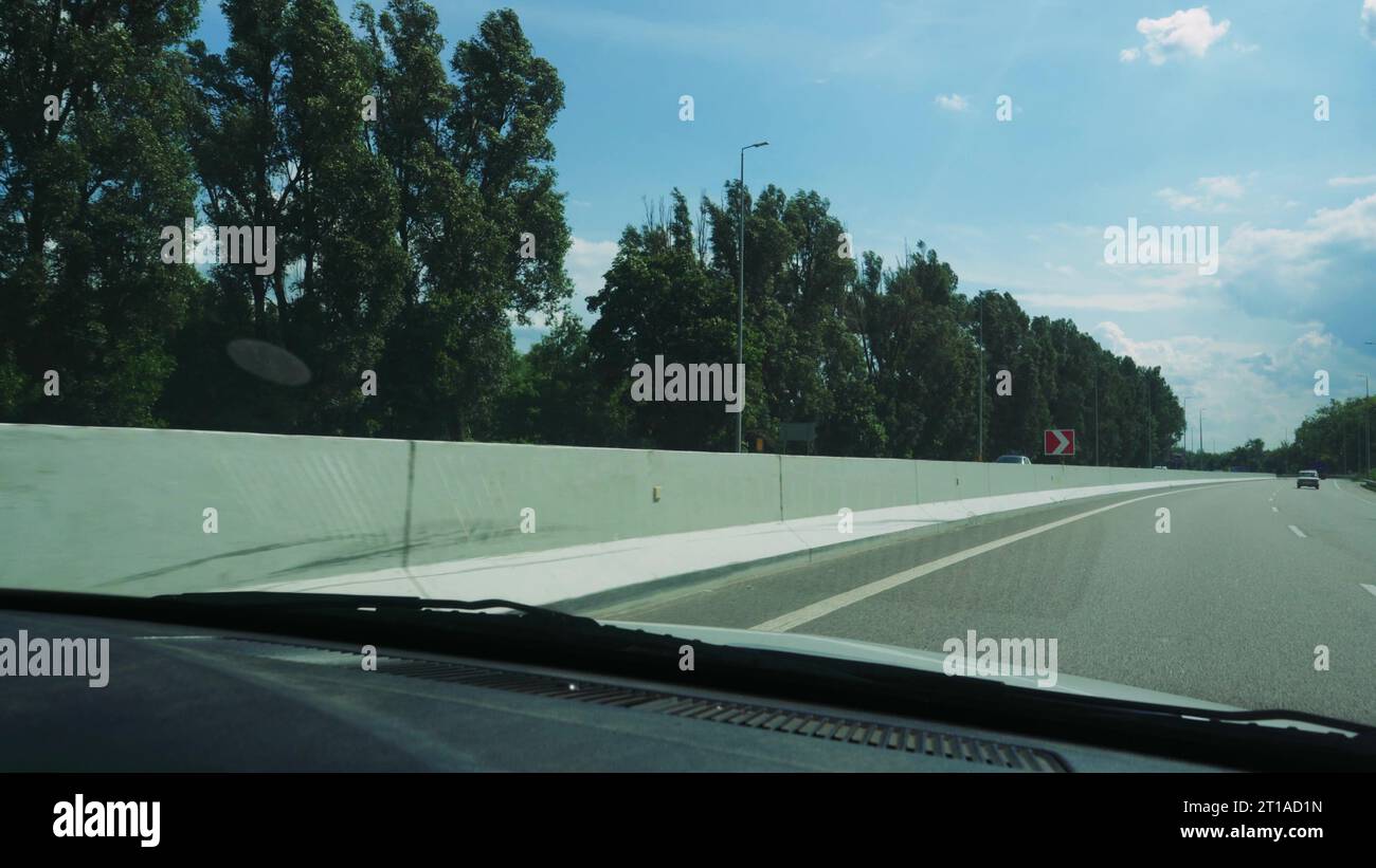 Travel concept. Landscape from a fast moving car. View from the car ...
